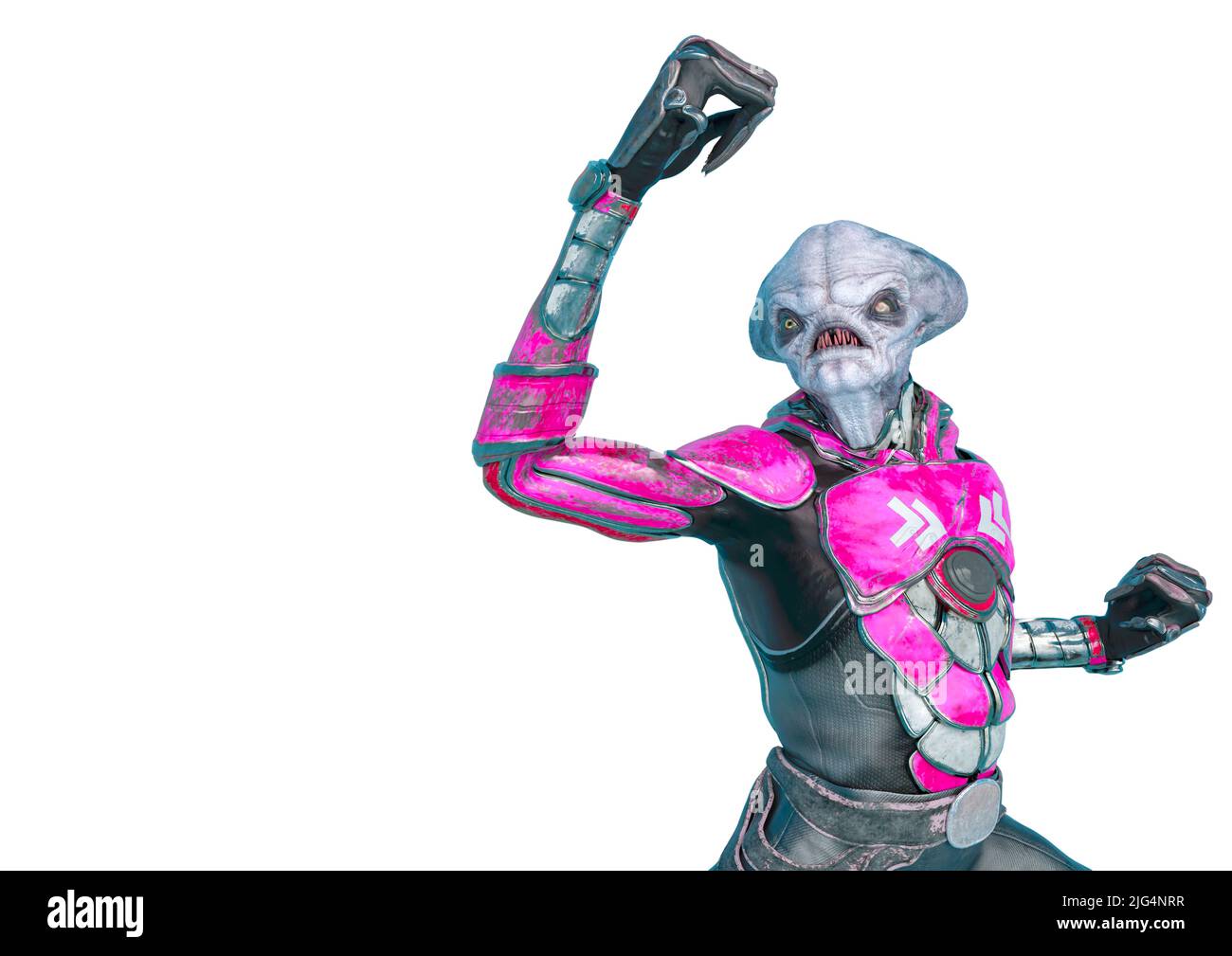 official alien on a sci-fi outfit doing a fighter pose in a white ...