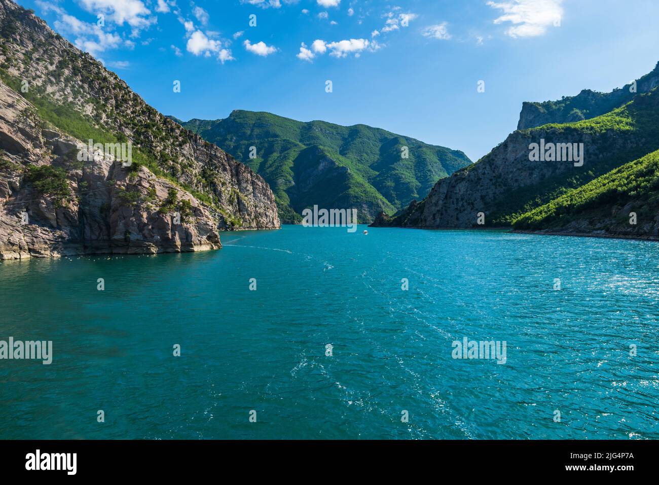Komani Lake ferry cruise boat view near the town of Fierzë, Albania ...