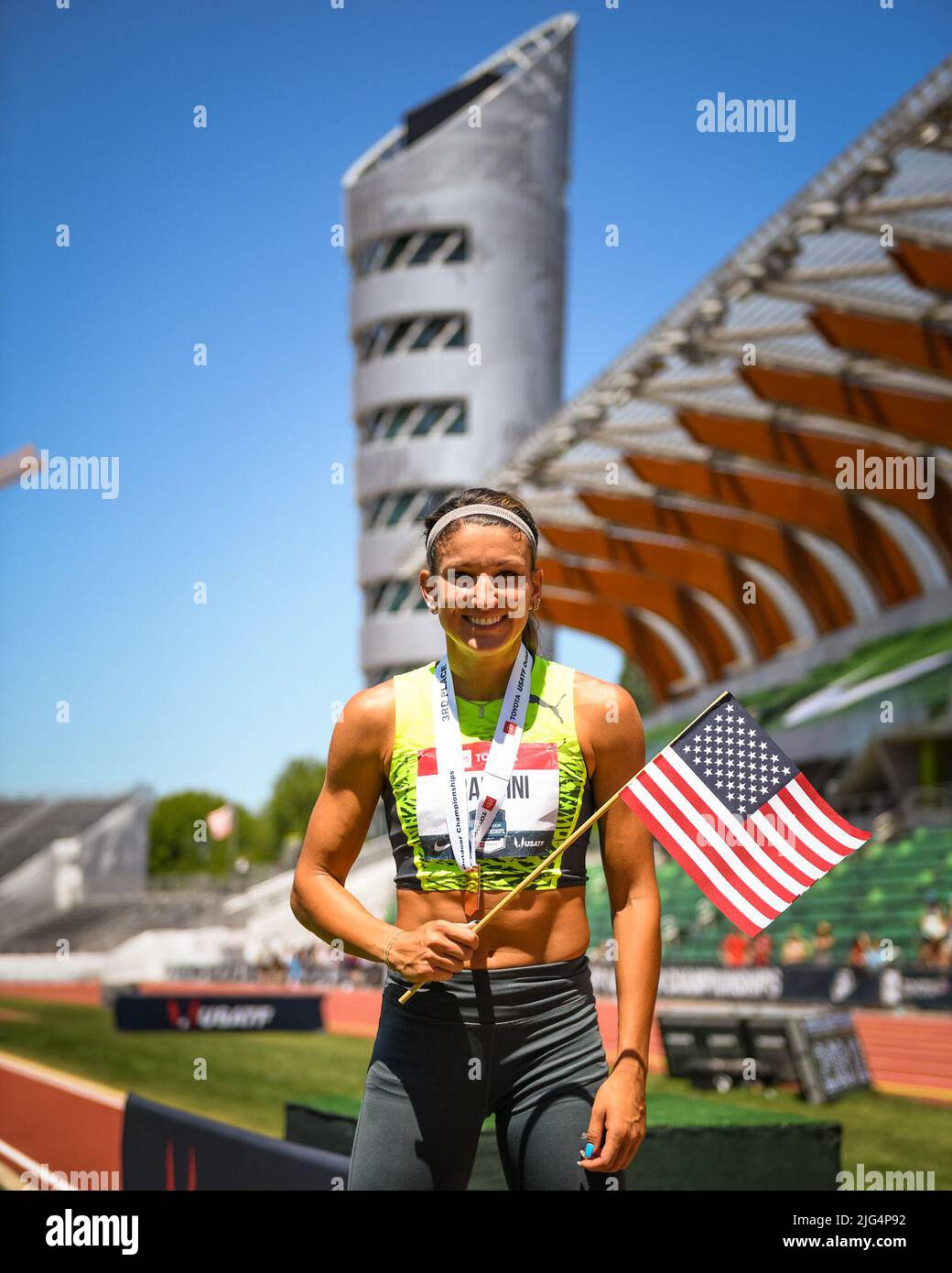 Jenna Prandini awaits the Xfinity women’s 200m podium ceremony at the ...