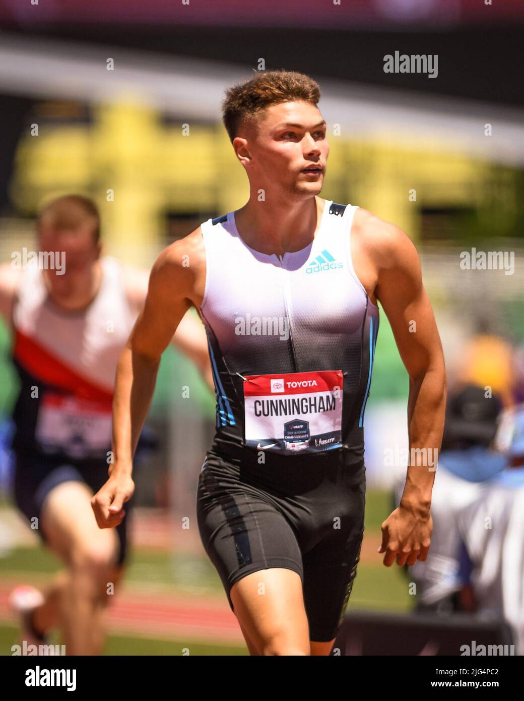 Trey Cunningham charges towards the finish line in the first round of ...