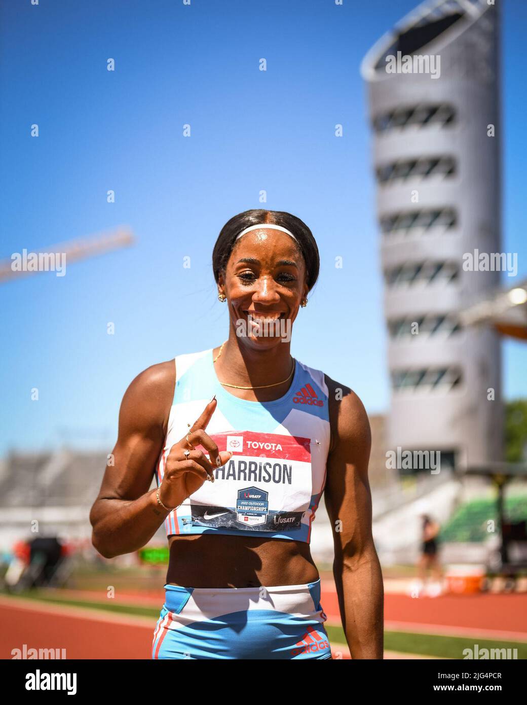 Keni Harrison awaits the women’s 100m hurdles podium ceremony at the ...