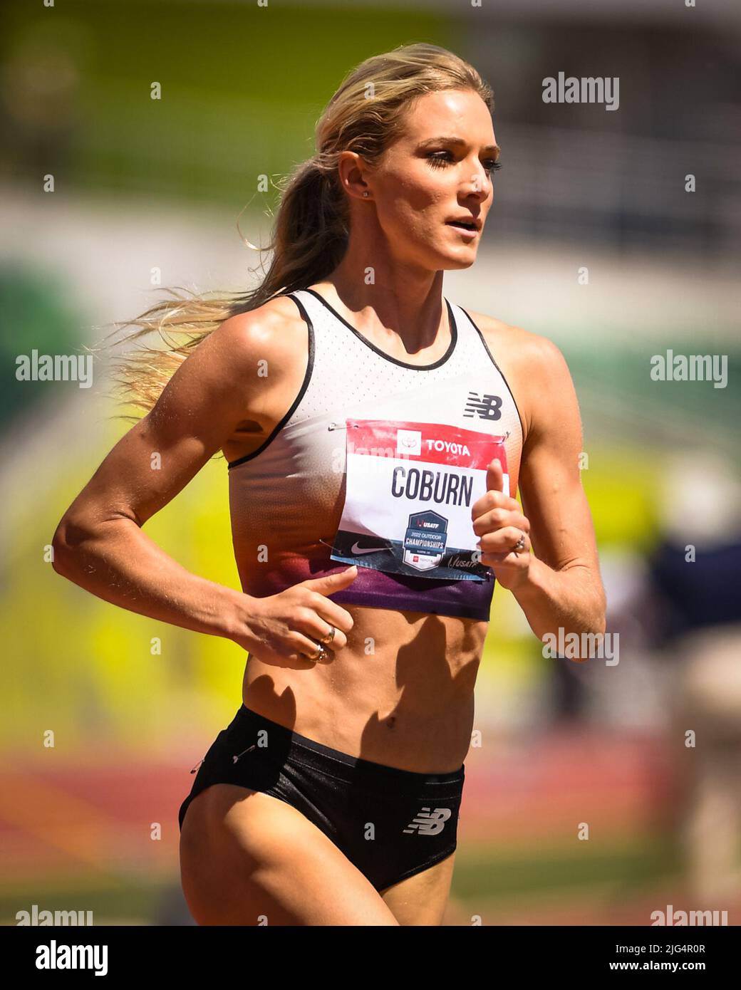 Emma Coburn begins her sixth lap of the women’s 3000m steeplechase at ...