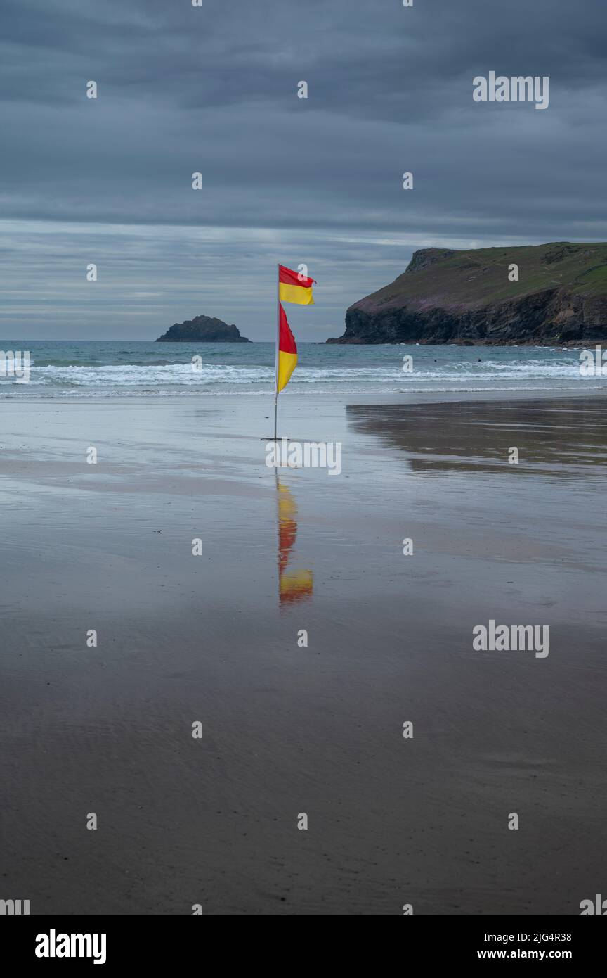 Polzeath beach, popular with surfers, under a moody sky, Cornwall,UK ...
