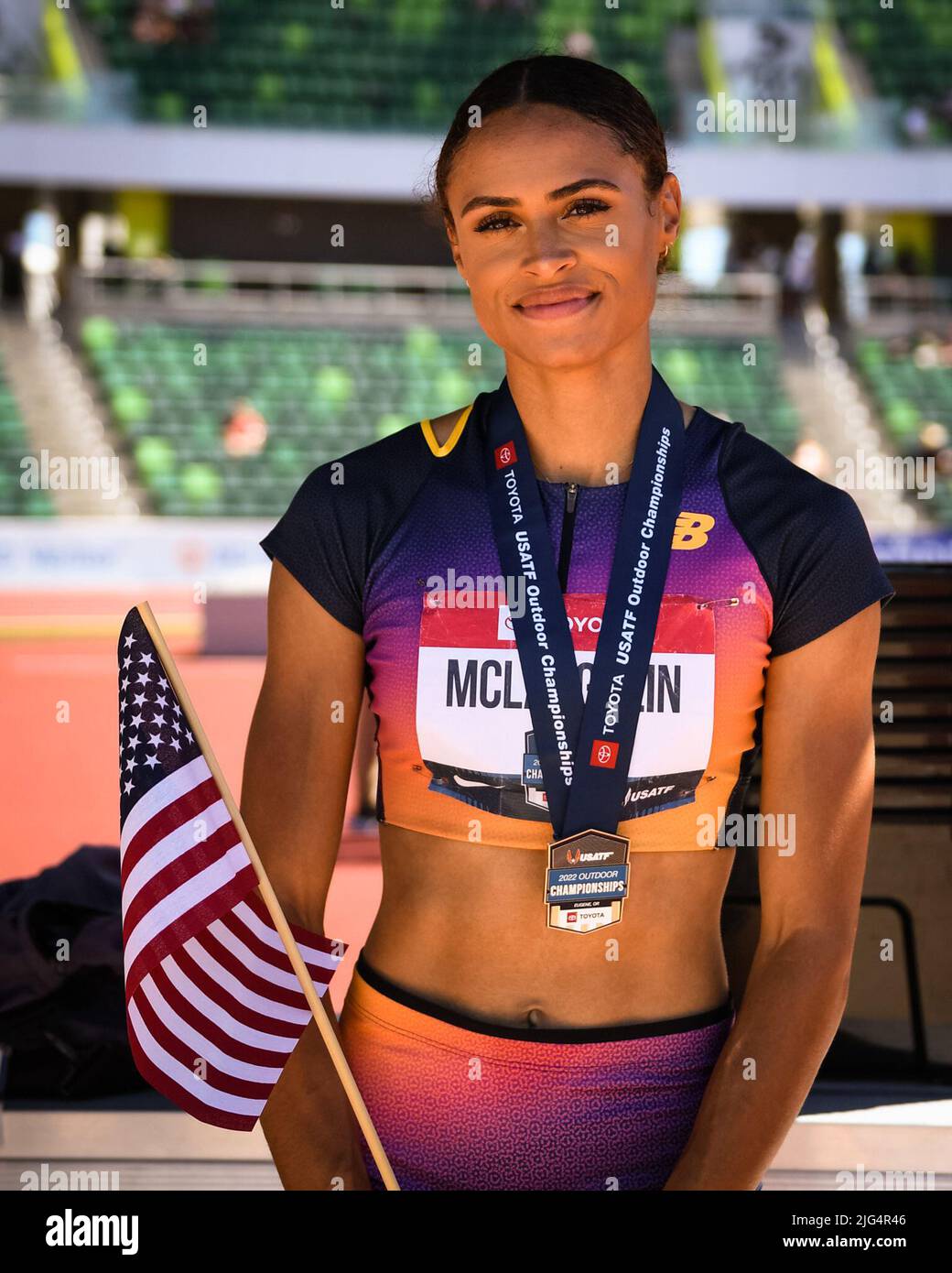 Sydney McLaughlin awaits the Xfinity women’s 400m hurdles podium ...