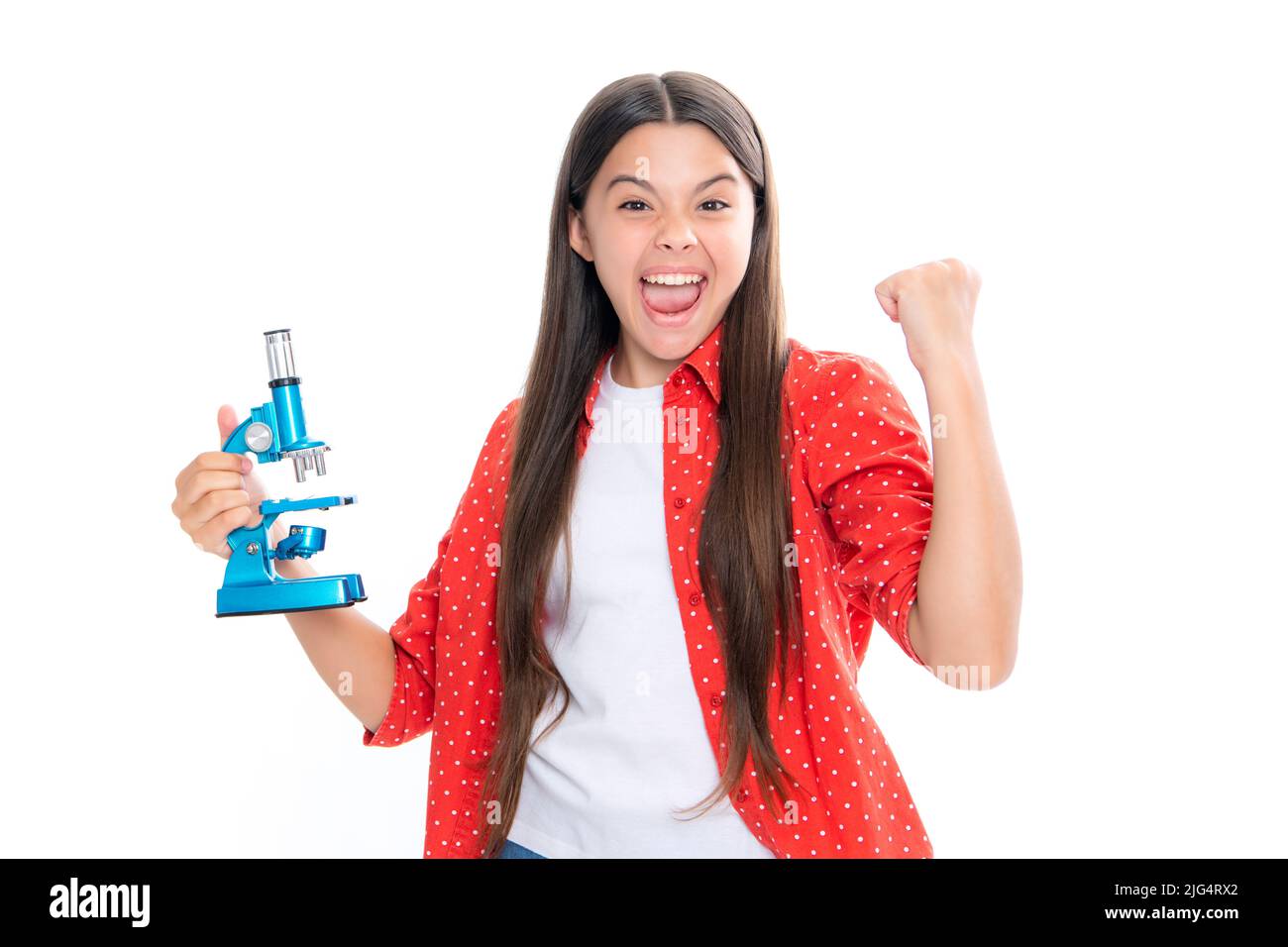 Portrait of emotional amazed excited teenager school girl with ...