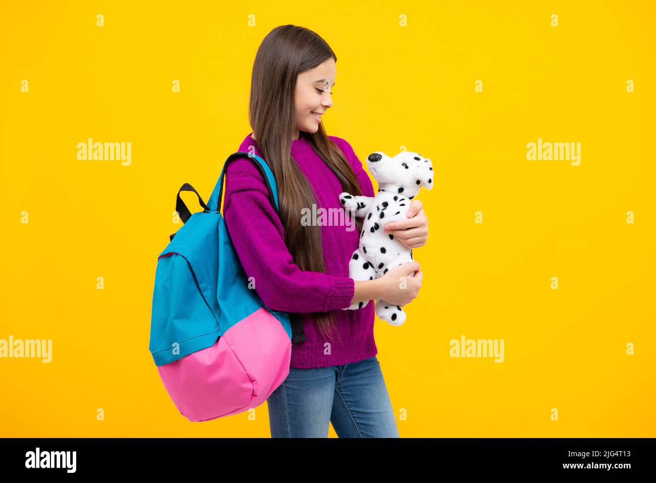 Back to school. Teenager schoolgirl hold toy. School children with ...