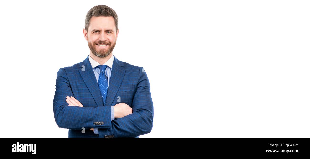 Business confidence. Man face portrait, banner with copy space ...