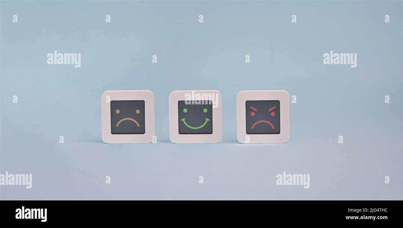 Set of computers with stylized faces of happy, sad and angry faces on ...