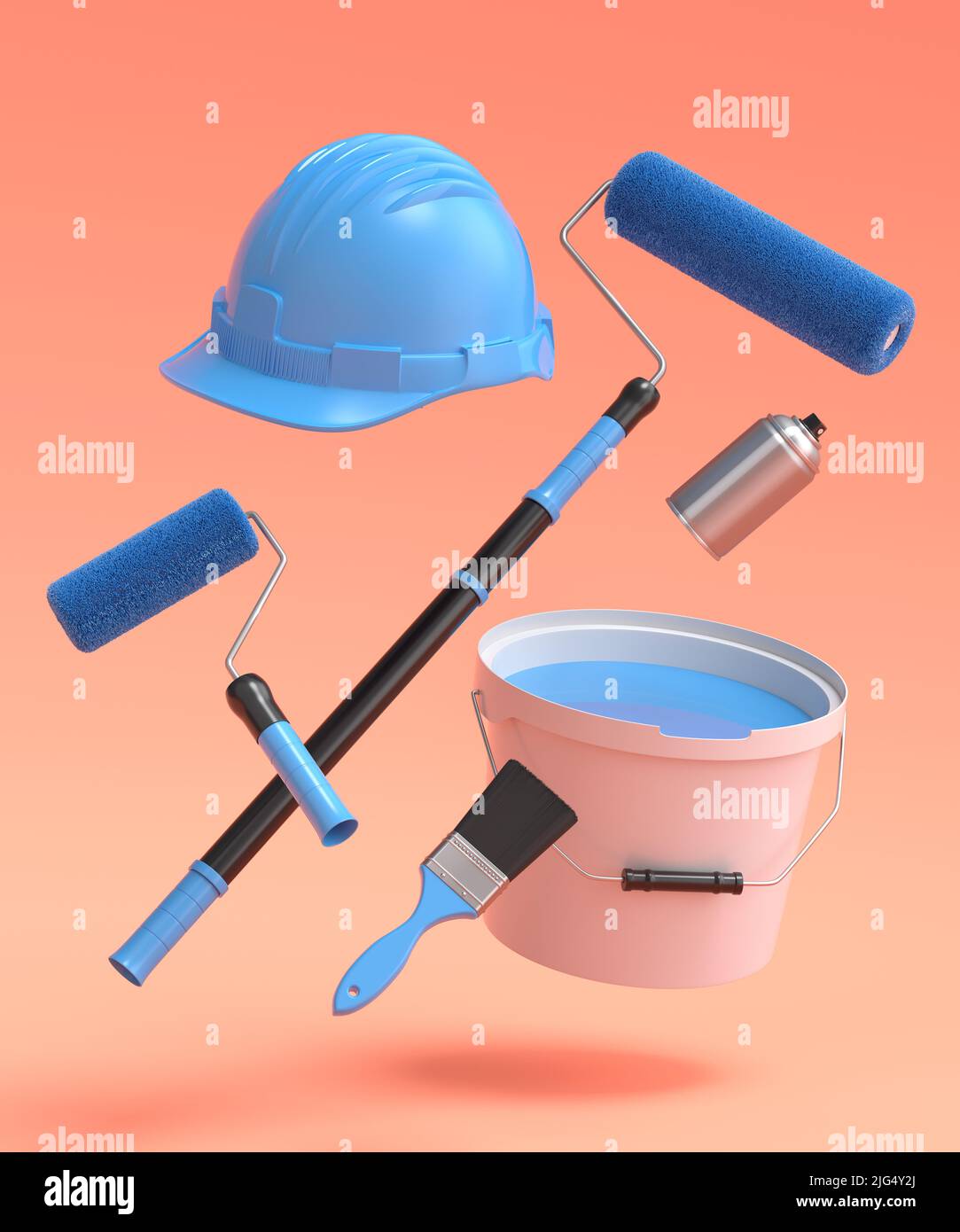 Set of safety helmet, bucket with paint rollers and brushes for ...