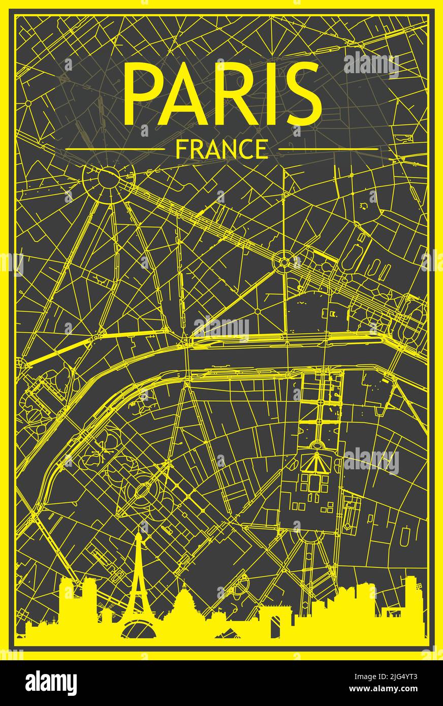 Yellow printout city poster with panoramic skyline and hand-drawn ...