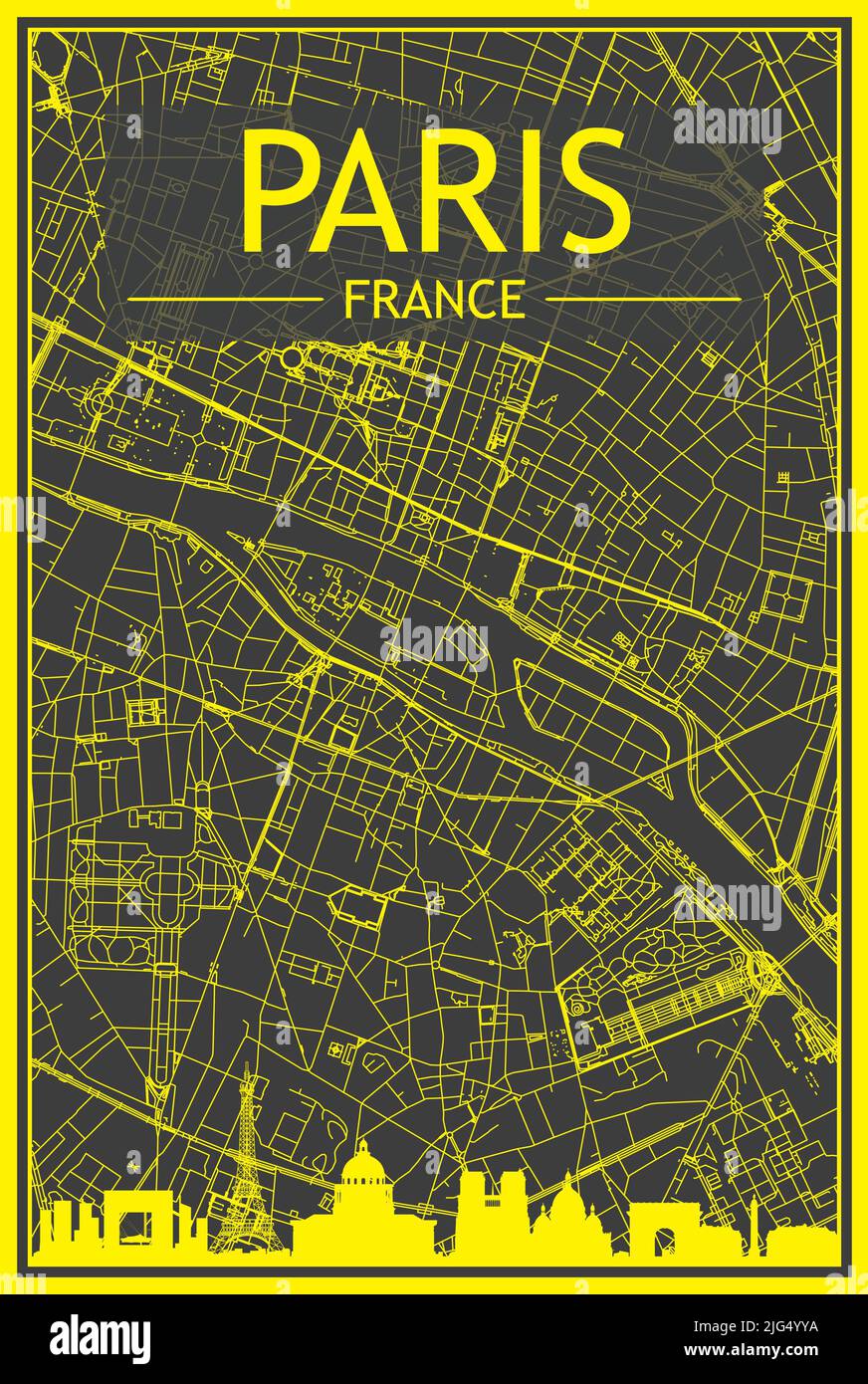 Yellow printout city poster with panoramic skyline and hand-drawn ...