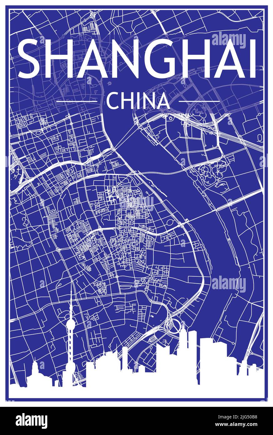 Technical drawing printout city poster with panoramic skyline and hand ...