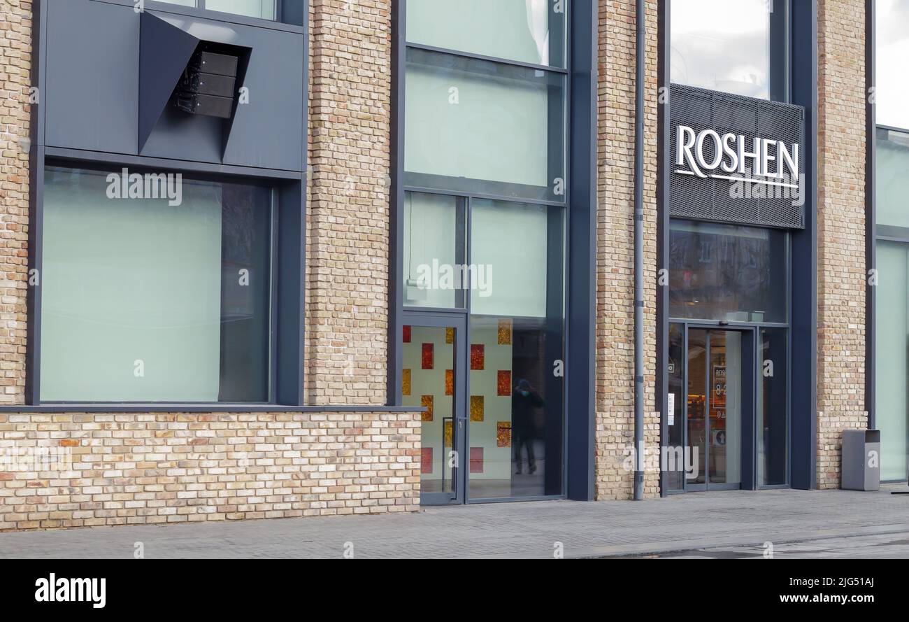 Confectionery chocolate factory Roshen in Kiev. Emblem of the Roshen ...