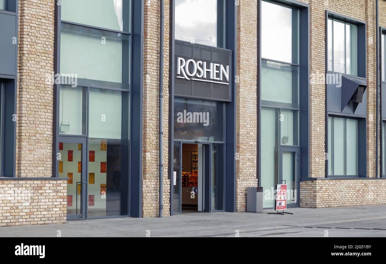 Confectionery chocolate factory Roshen in Kiev. Emblem of the Roshen ...