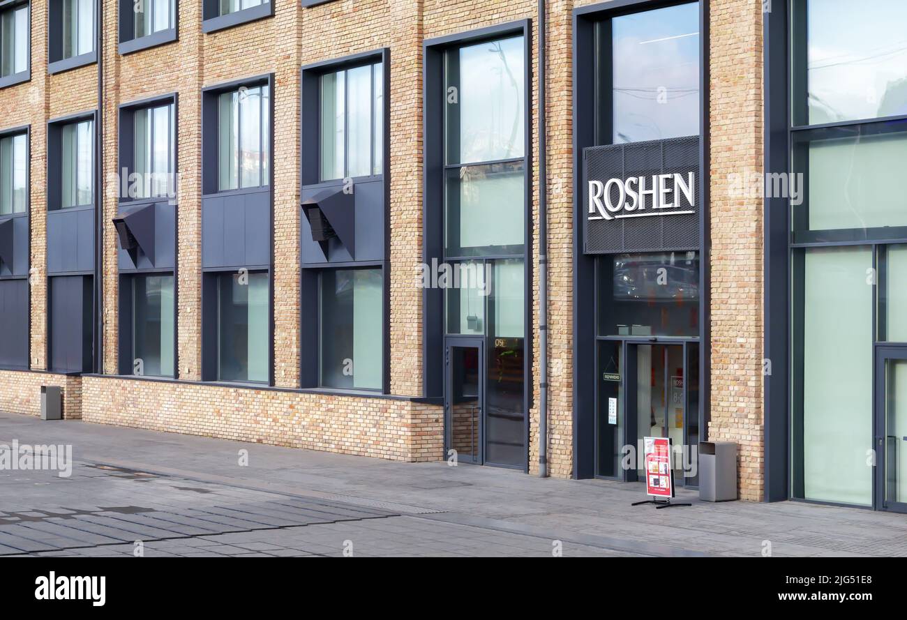 Confectionery chocolate factory Roshen in Kiev. Emblem of the Roshen ...