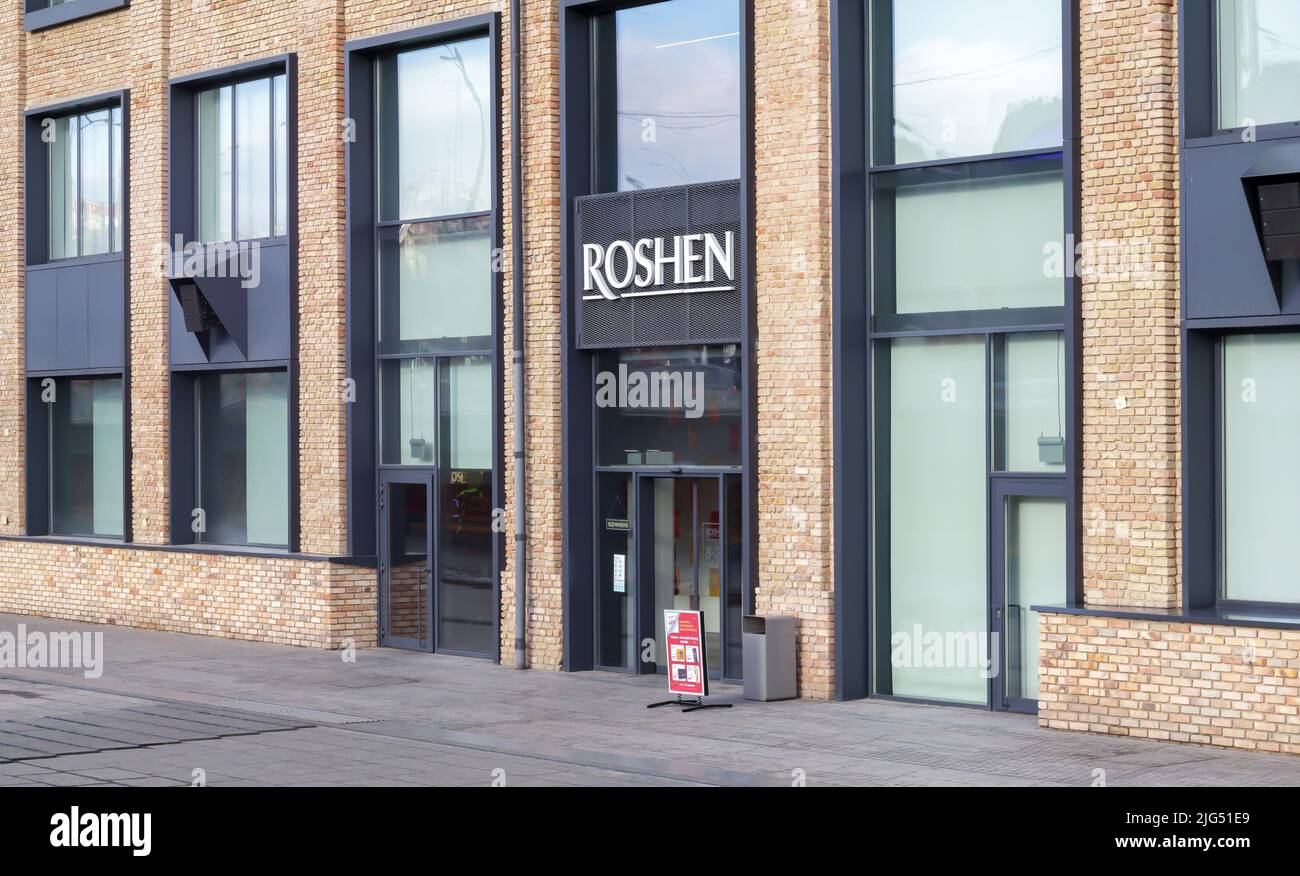 Confectionery chocolate factory Roshen in Kiev. Emblem of the Roshen ...