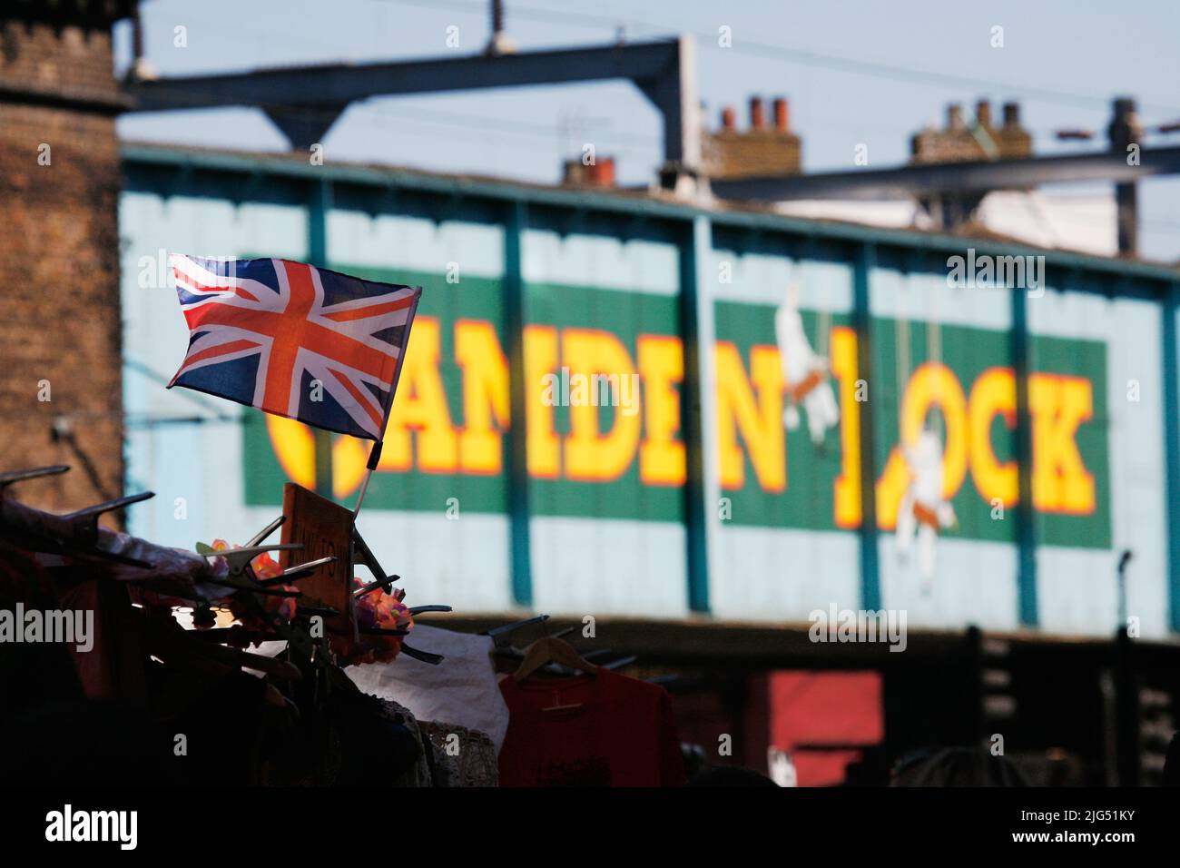 Camden Lock Sign and Union Jack Flag seen from distance Stock Photo - Alamy