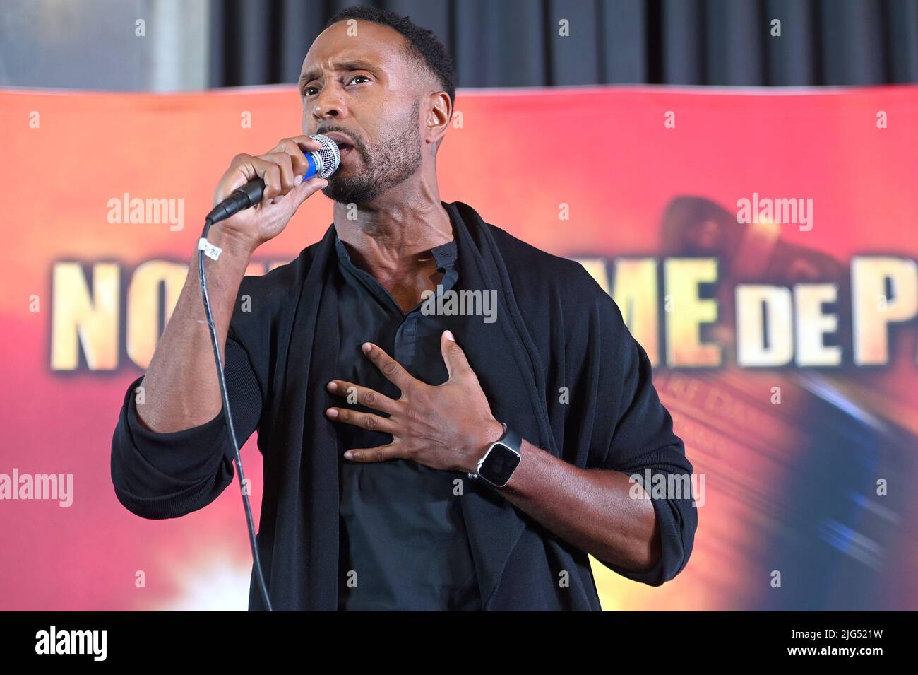 Singer Jay performs during a special presentation of the musical “Notre ...