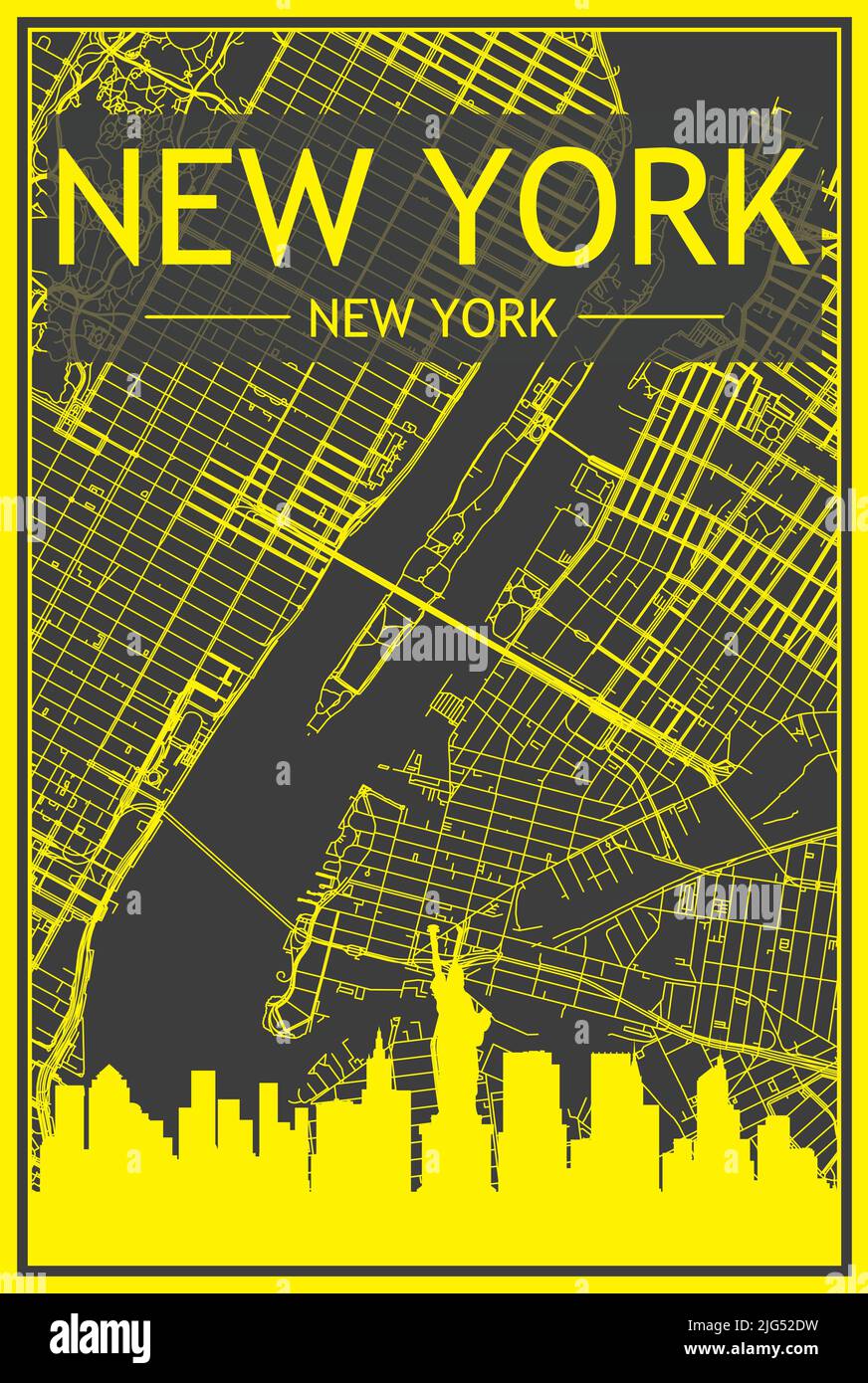 Yellow printout city poster with panoramic skyline and hand-drawn ...