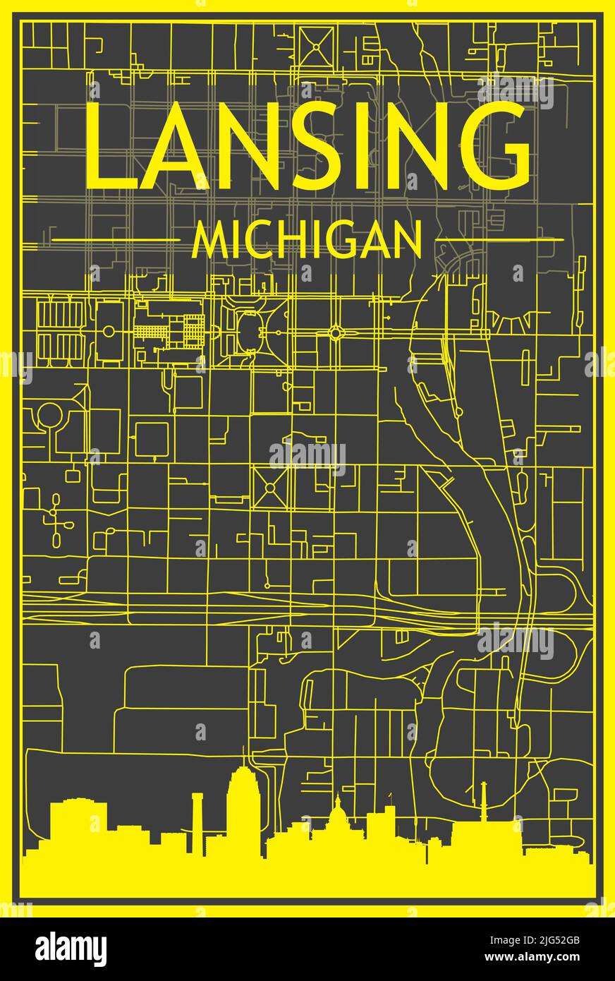 Yellow printout city poster with panoramic skyline and hand-drawn ...