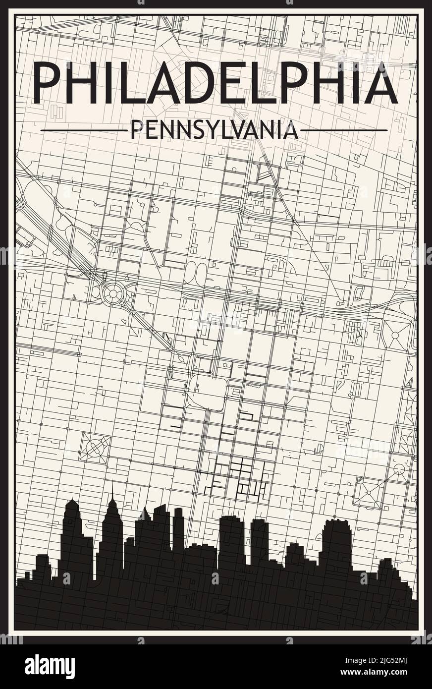 Light printout city poster with panoramic skyline and hand-drawn ...
