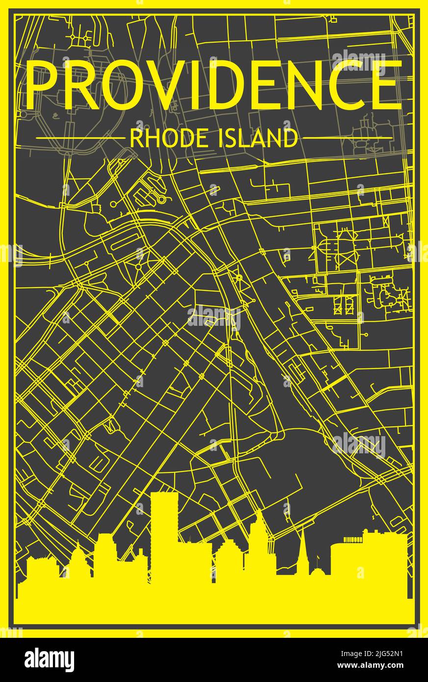 Yellow printout city poster with panoramic skyline and hand-drawn ...