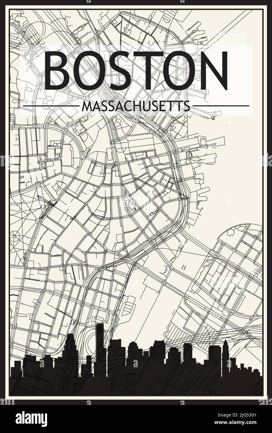 Light printout city poster with panoramic skyline and hand-drawn ...