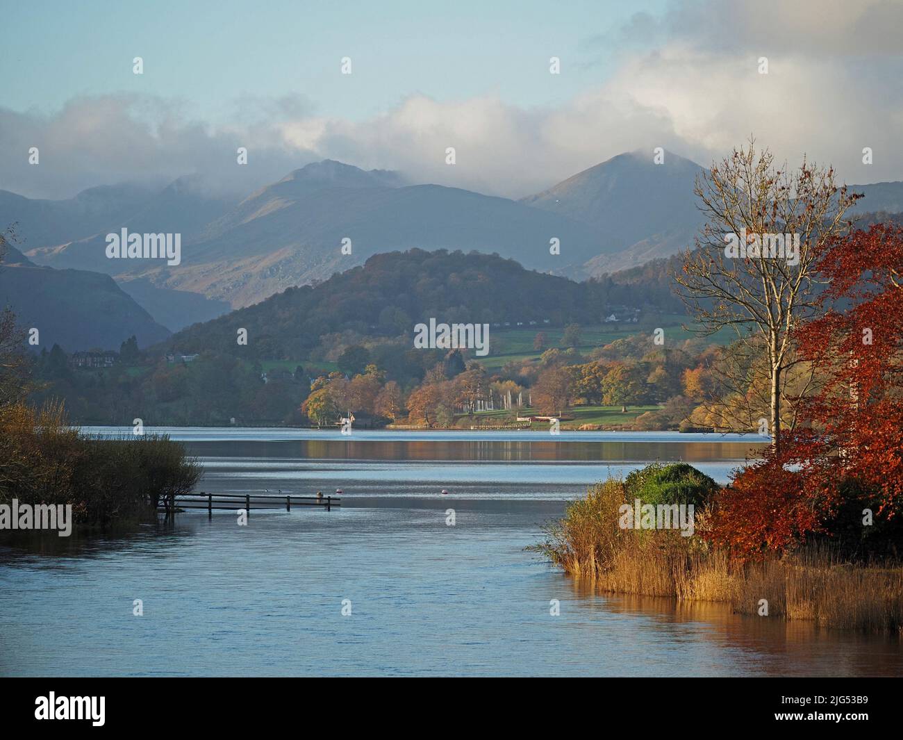 Autumn landscape view from Pooley Bridge across calm waters of ...