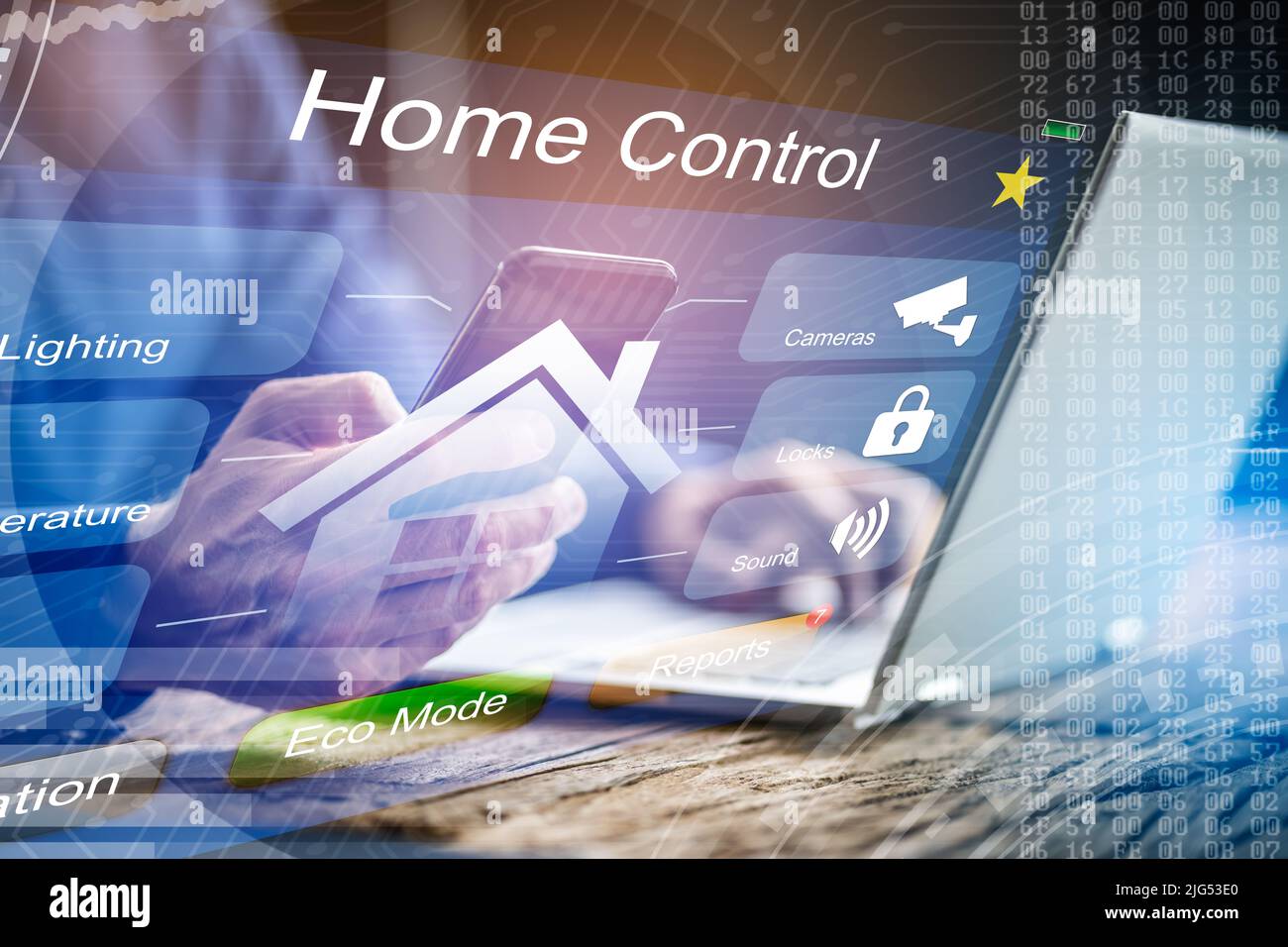 Person Hand Holding Mobile Phone With Home Security System Stock Photo ...