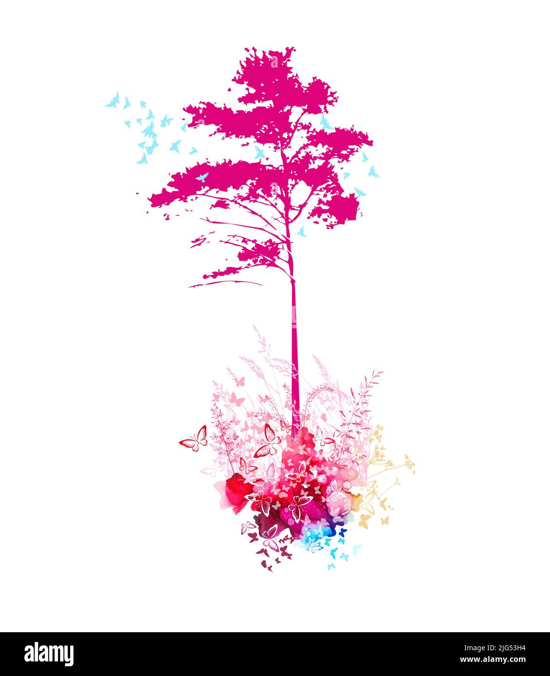 Abstract nature. Tree and flying birds. pine pink abstraction. Vector ...