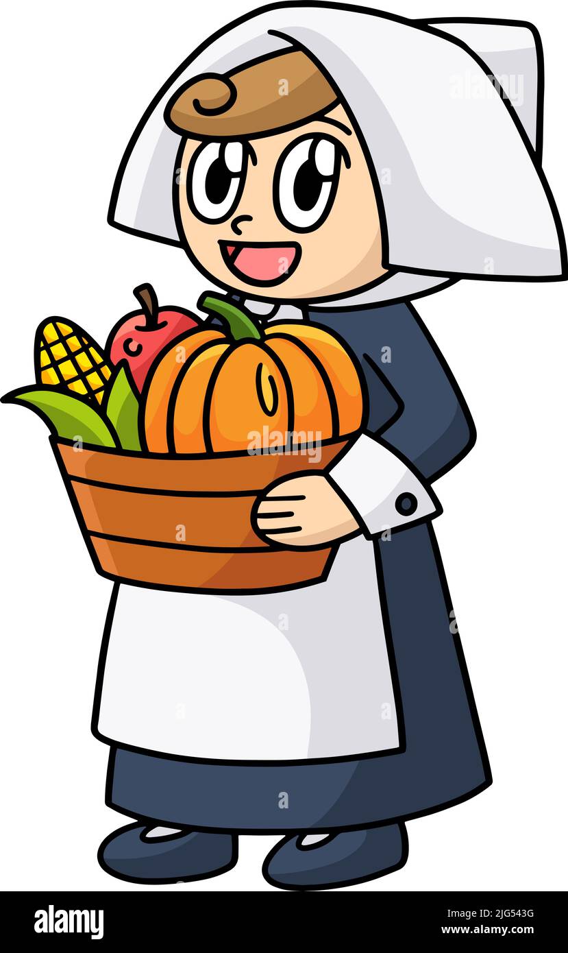 Thanksgiving Pilgrim Girl Cartoon Colored Clipart Stock Vector Image ...