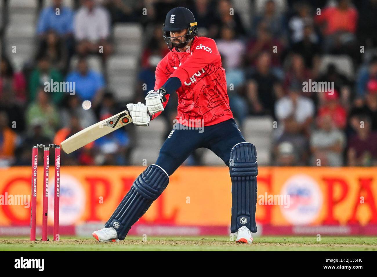 Reece Topley of England hits a single Stock Photo - Alamy