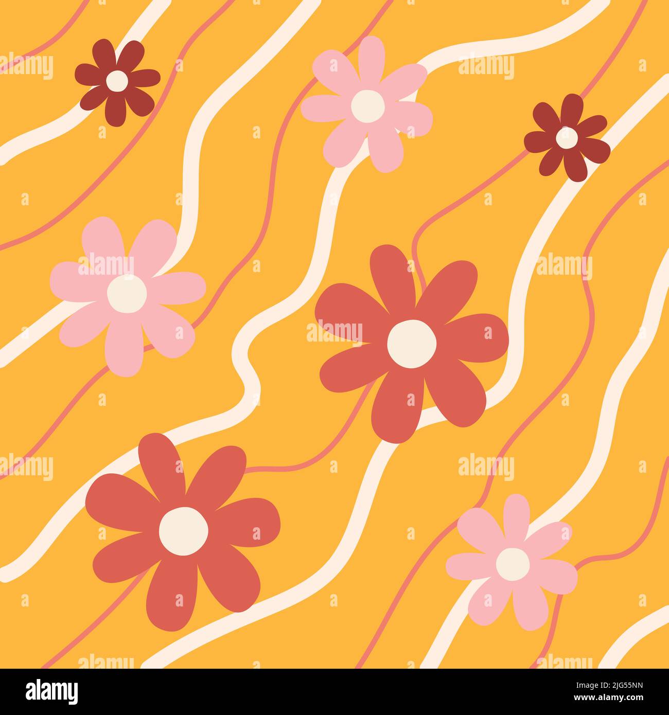 Pattern groovy trippy daisy. Daisies and lines on orange background ...