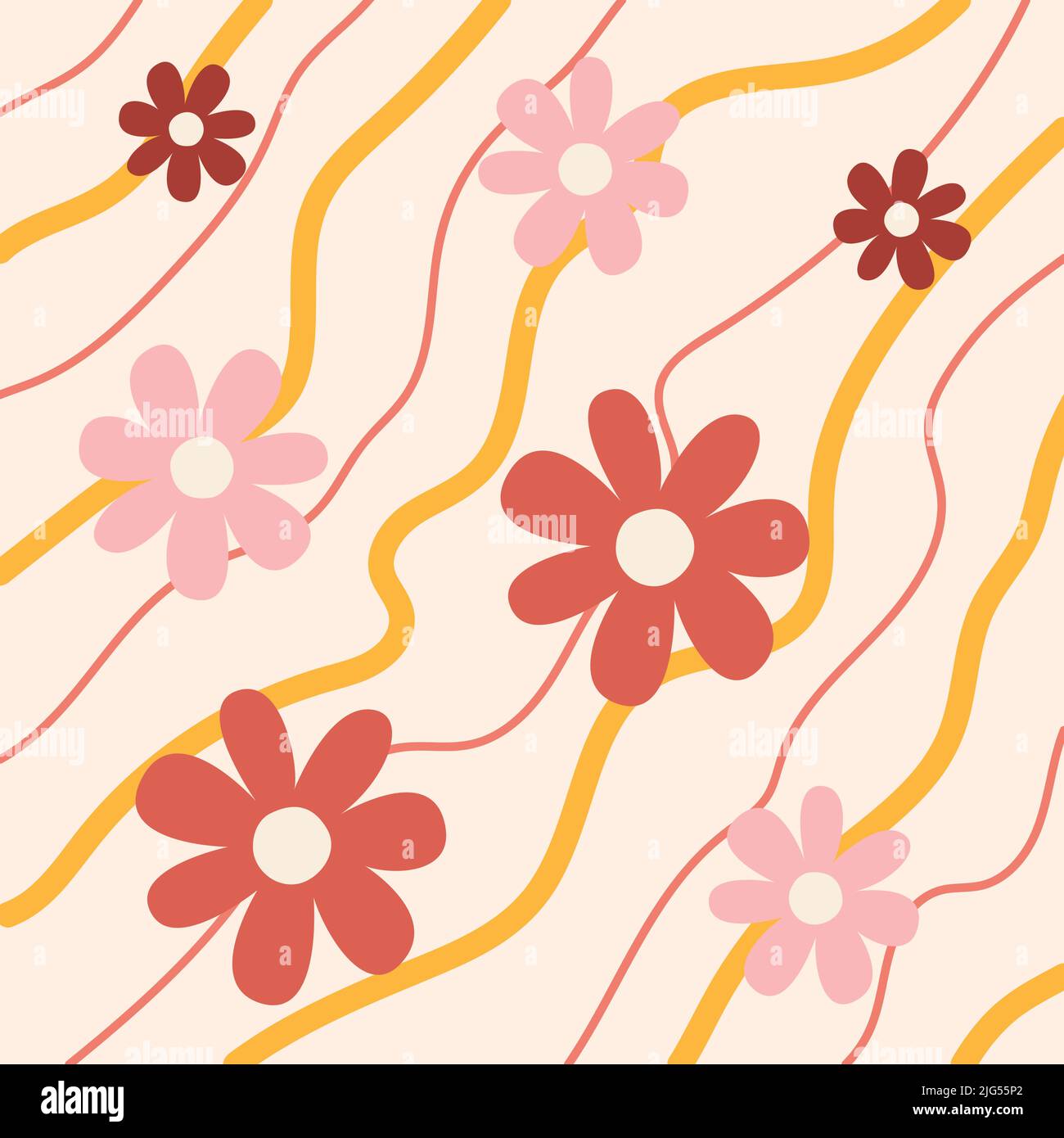 Pattern groovy trippy daisy. Daisies and lines on light pink background ...