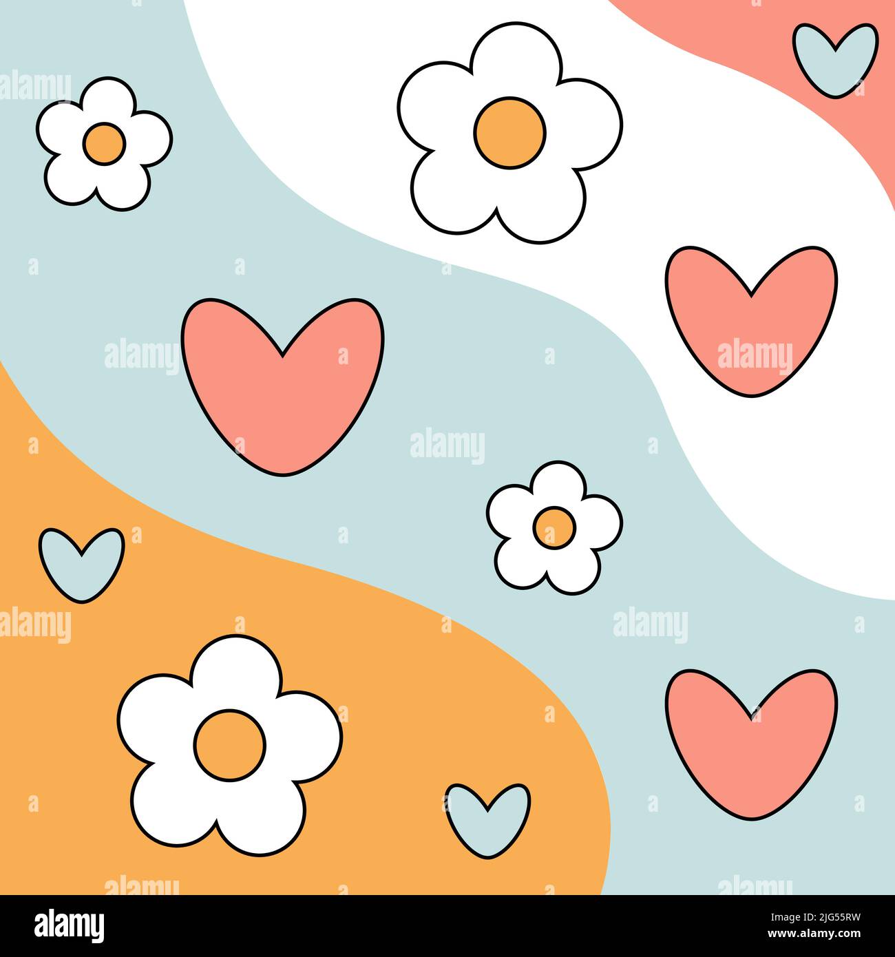 1970 trippy pattern daisy. White daisies and pink hearts on colorful ...