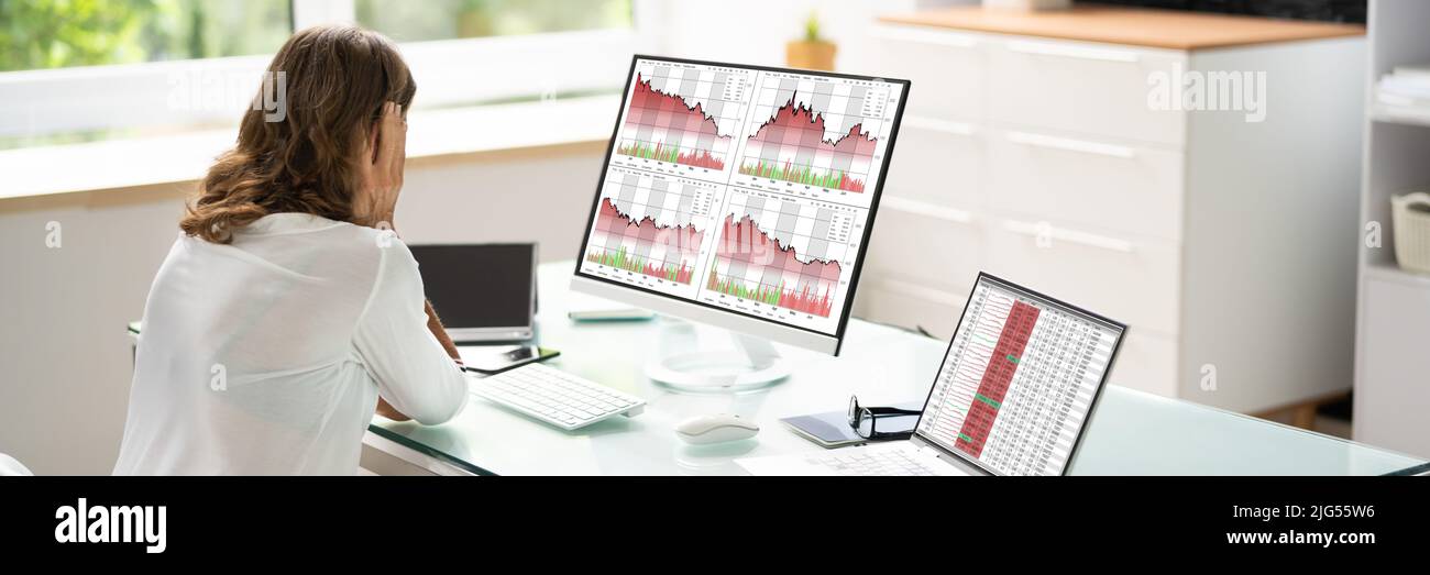 Financial Loss Data. Businesswoman With Stock Loss And Decrease Chart ...