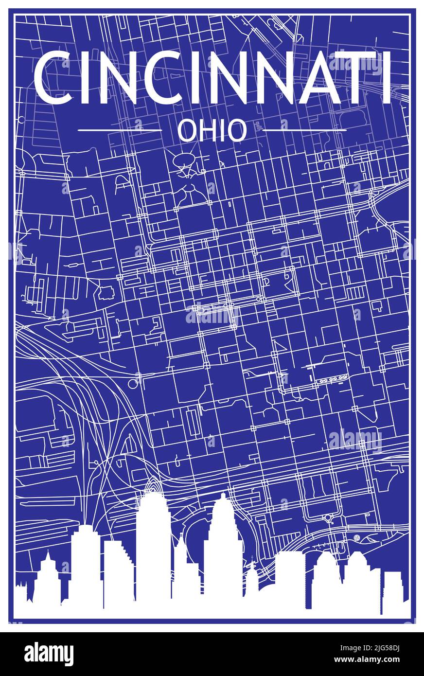 Technical drawing printout city poster with panoramic skyline and hand ...