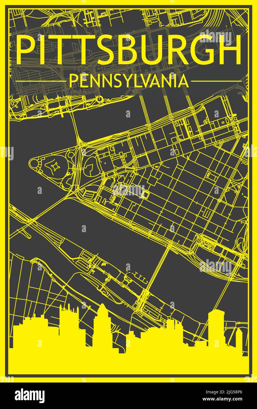 Yellow printout city poster with panoramic skyline and hand-drawn ...