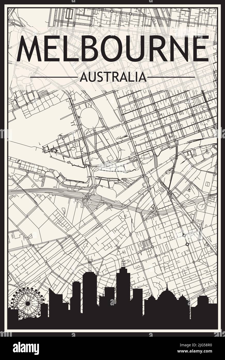 Light printout city poster with panoramic skyline and hand-drawn ...