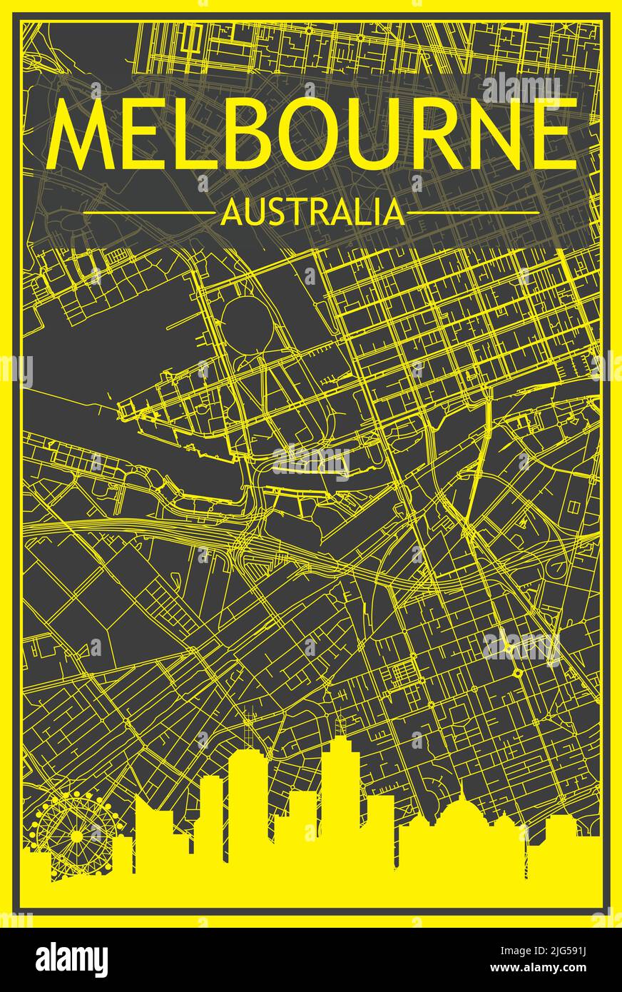Yellow printout city poster with panoramic skyline and hand-drawn ...