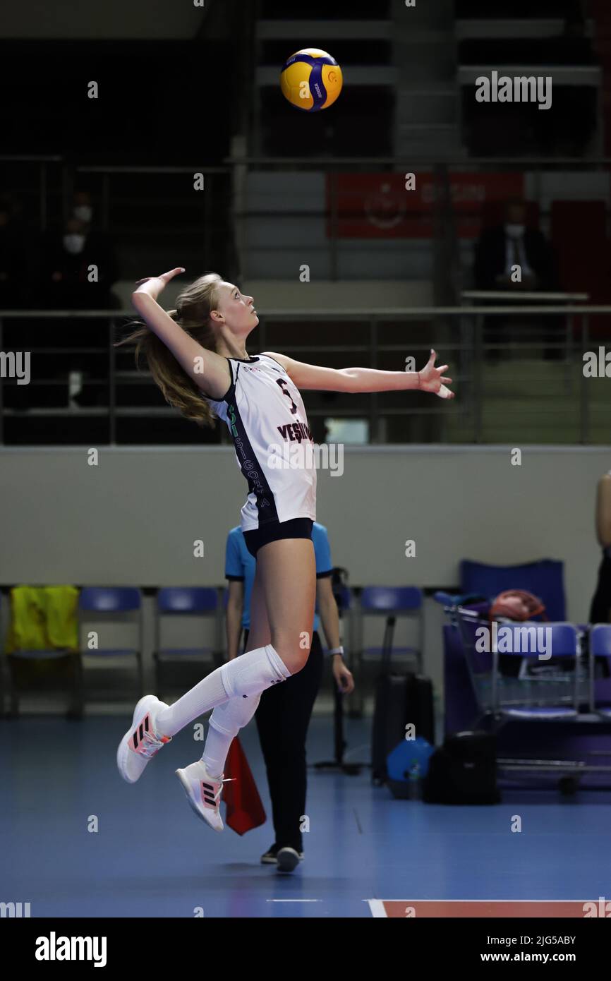 ISTANBUL, TURKEY - JANUARY 23, 2022: Dominika Strumilo serves during ...