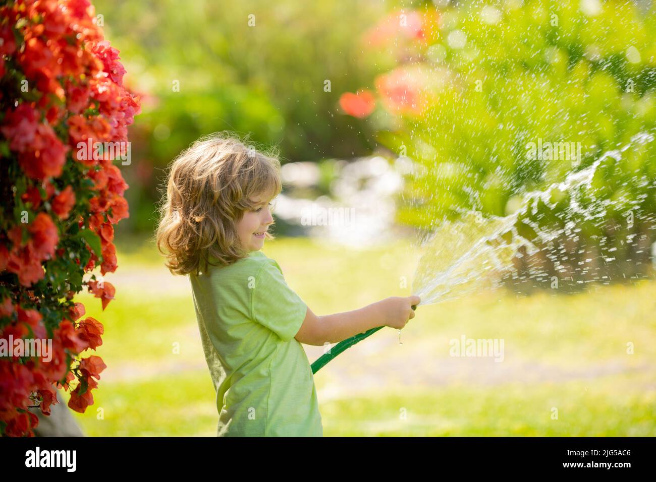 Funny little boy playing with garden hose in backyard. Child having fun ...