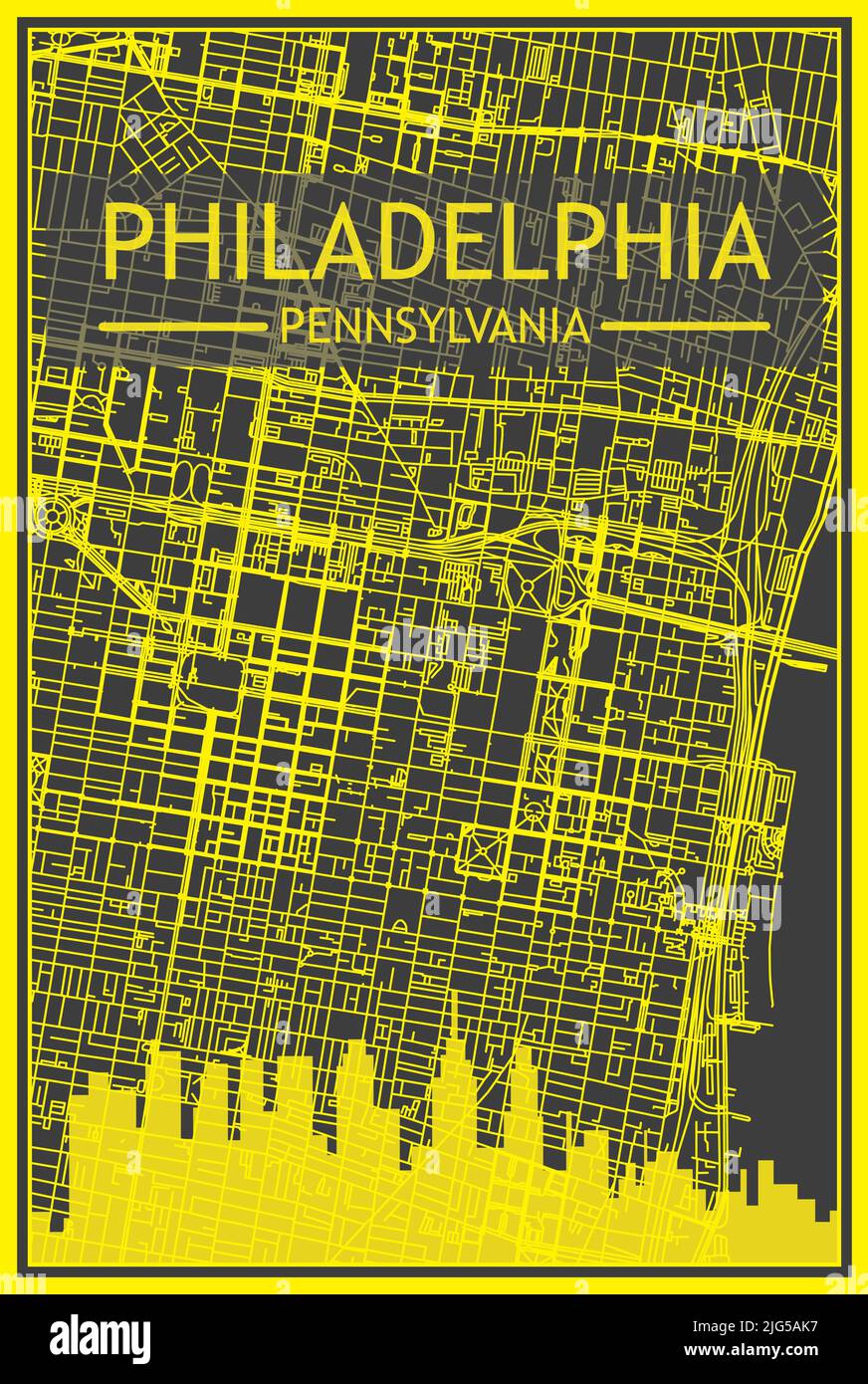 Yellow printout city poster with panoramic skyline and streets network ...