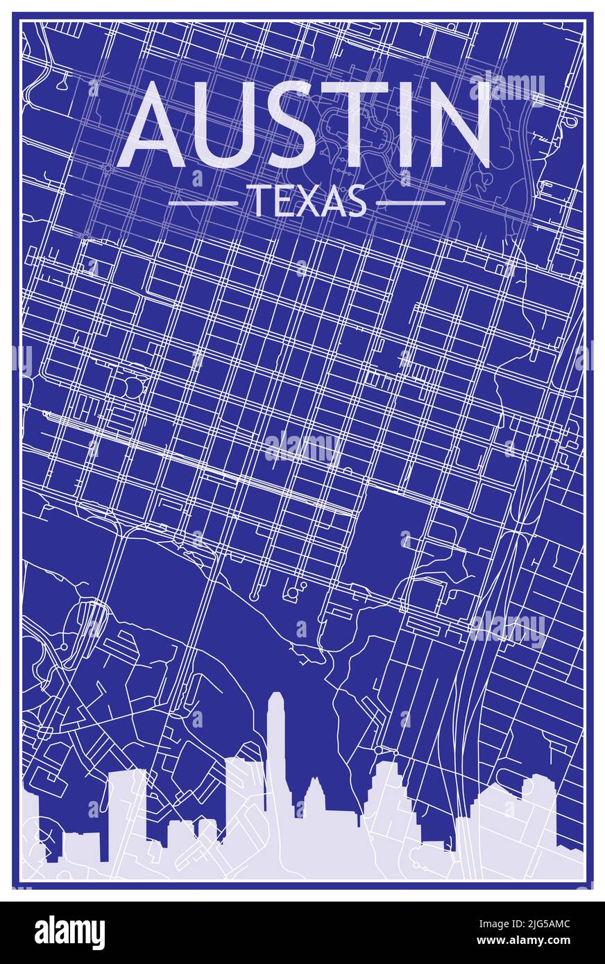 Technical drawing printout city poster with panoramic skyline and ...