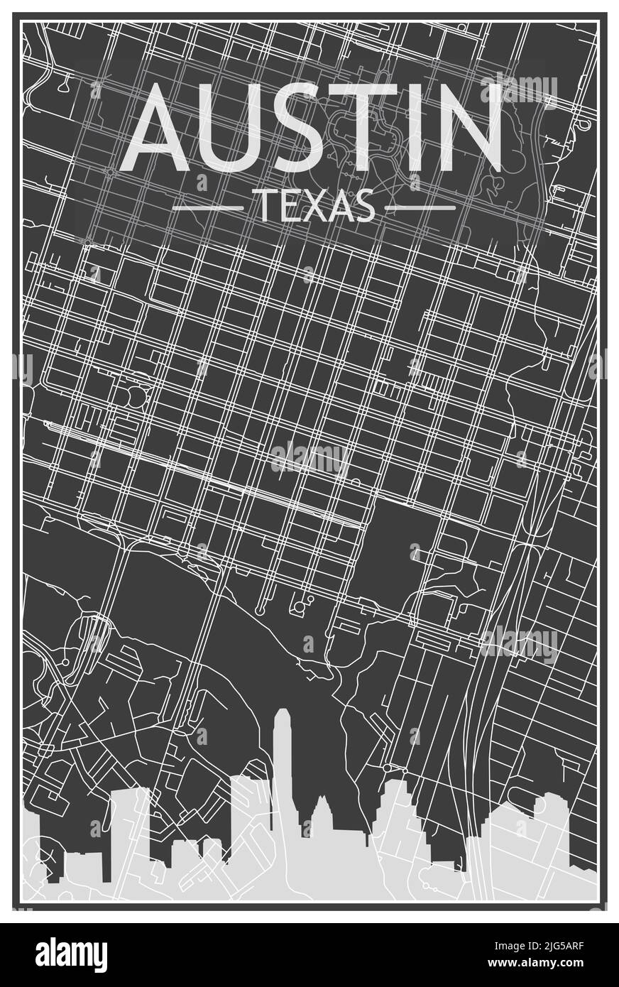 Dark printout city poster with panoramic skyline and streets network on ...