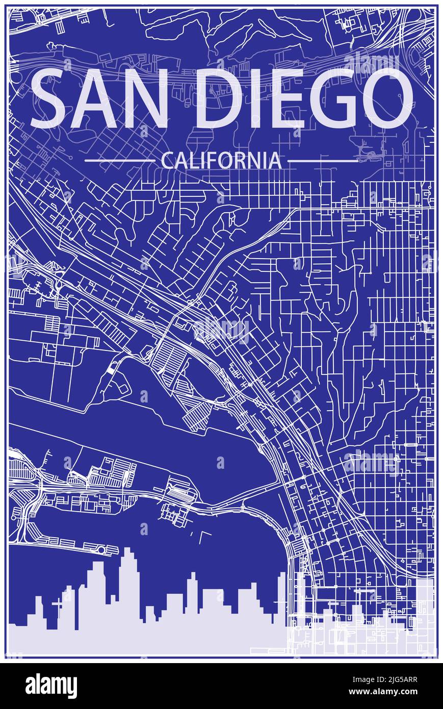 Technical drawing printout city poster with panoramic skyline and ...