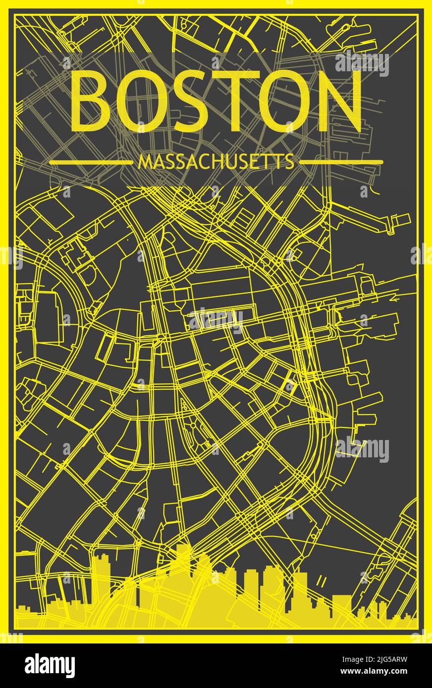 Yellow printout city poster with panoramic skyline and streets network ...