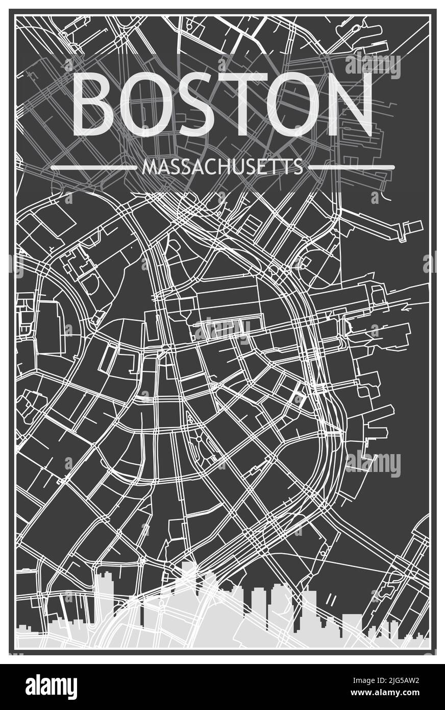Dark printout city poster with panoramic skyline and streets network on ...