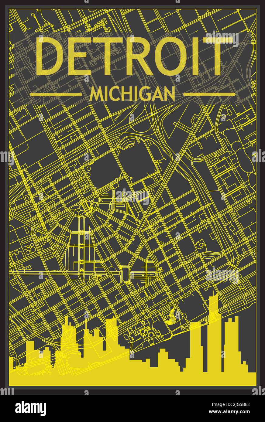 Yellow printout city poster with panoramic skyline and streets network ...