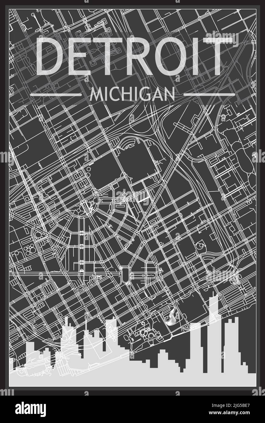 Dark printout city poster with panoramic skyline and streets network on ...